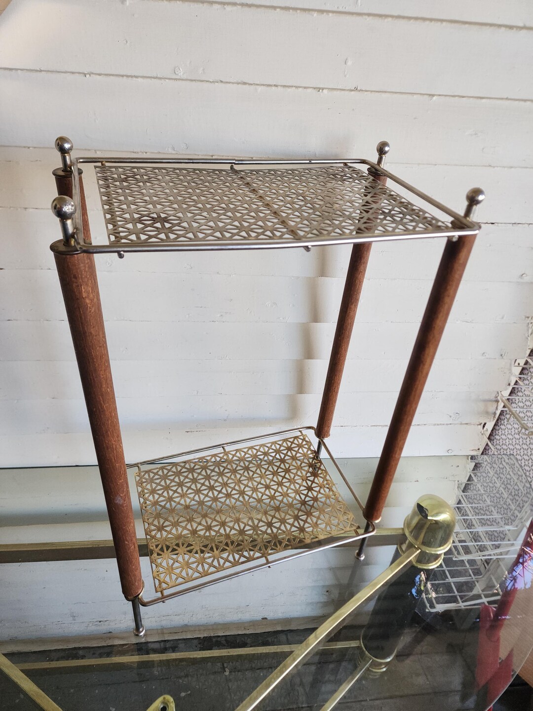 Vintage Mid Century Metal Roman Grille Brass & Walnut Side Table ...