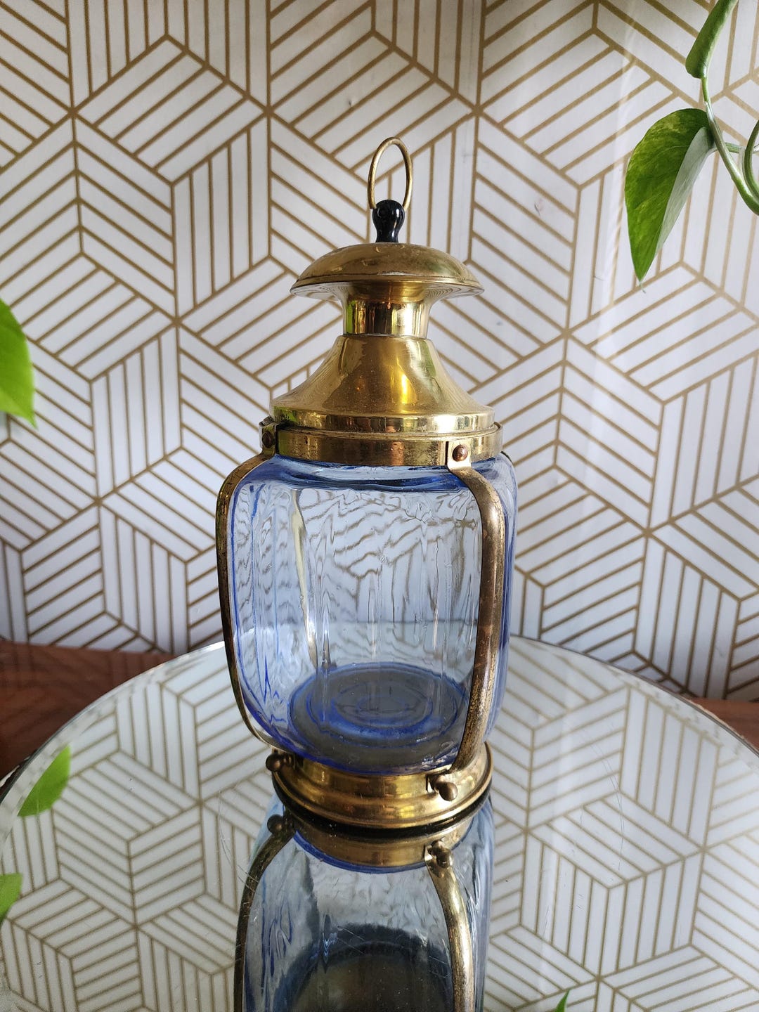 Vintage Hazel Atlas Brass Blue Glass Jar Canister Lantern Cookie Candy ...
