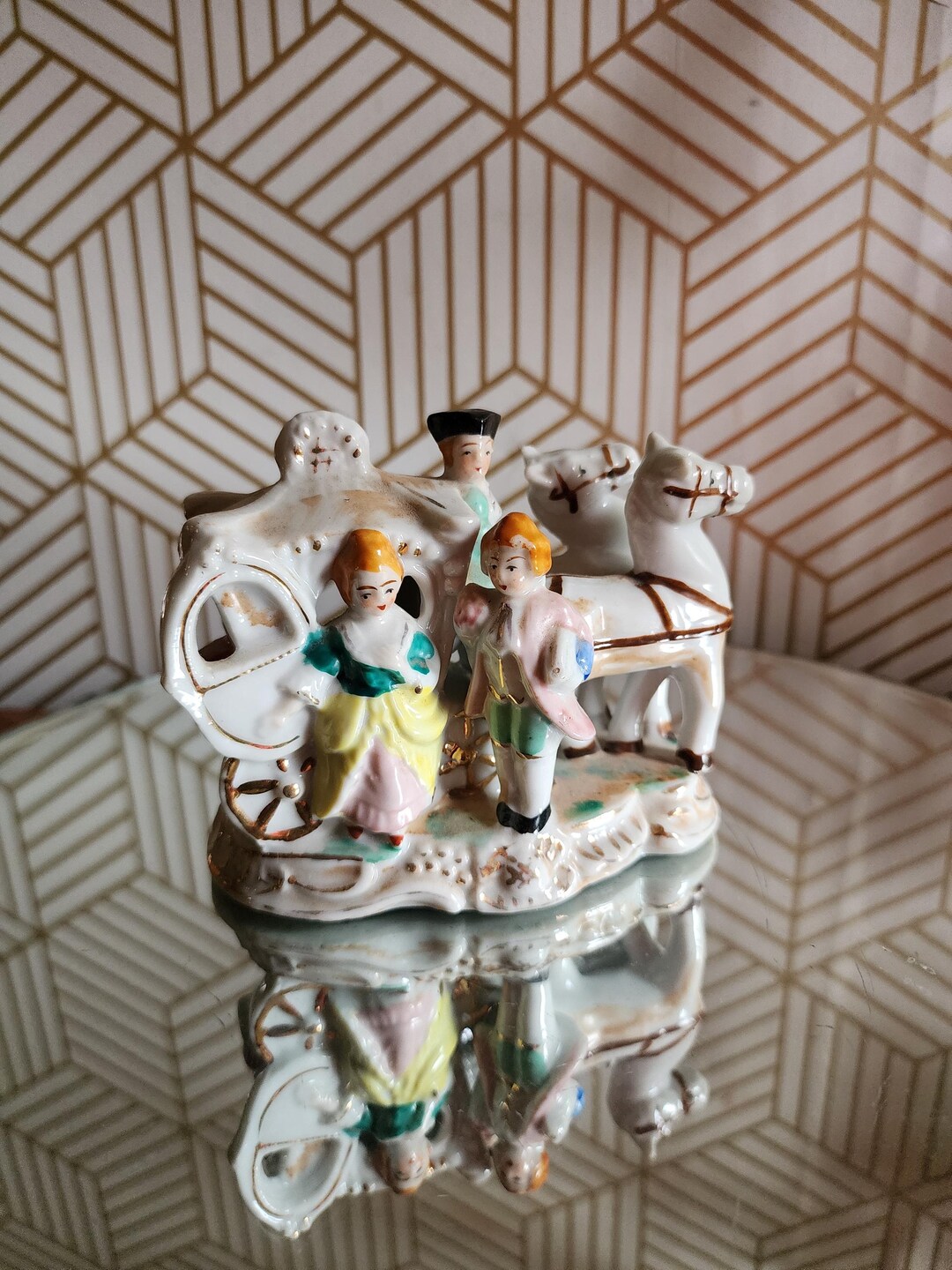 Vintage Porcelain Gilded Colonial Carriage Horses and People Figurine ...