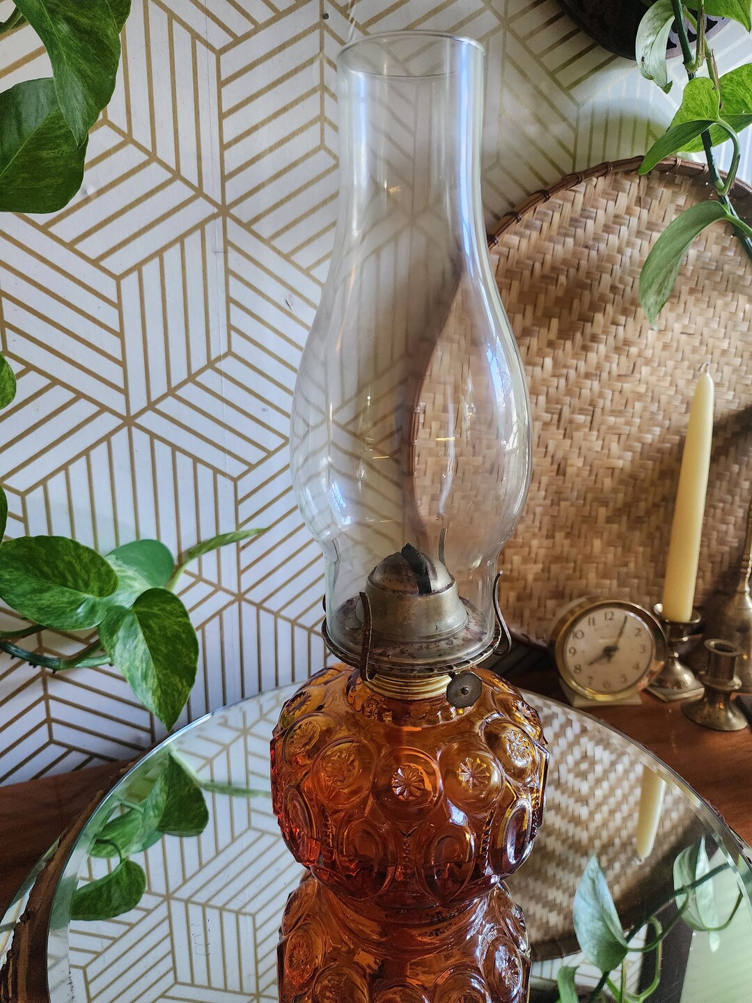 Vintage LE Smith Moon and Stars Amber Glass Oil Lamp - Etsy