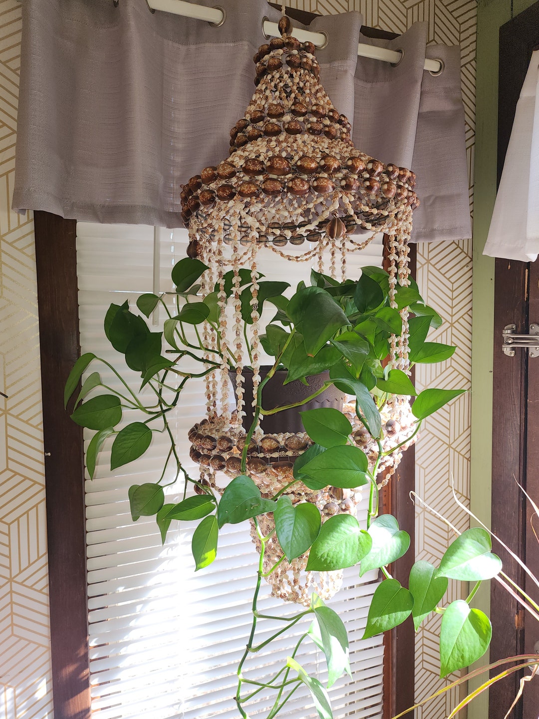 Vintage Hawaiian Shell Hanging Macrame Plant Holder 39" Boho Mid ...
