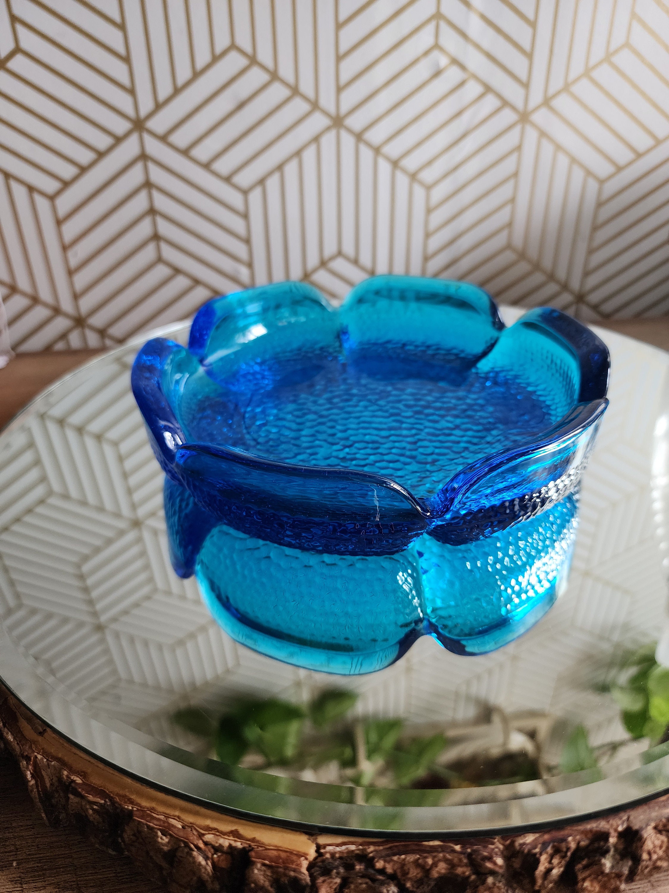 Vintage Mid-century Blenko Peacock Blue Lotus Pebble Glass Bowl Nesting ...