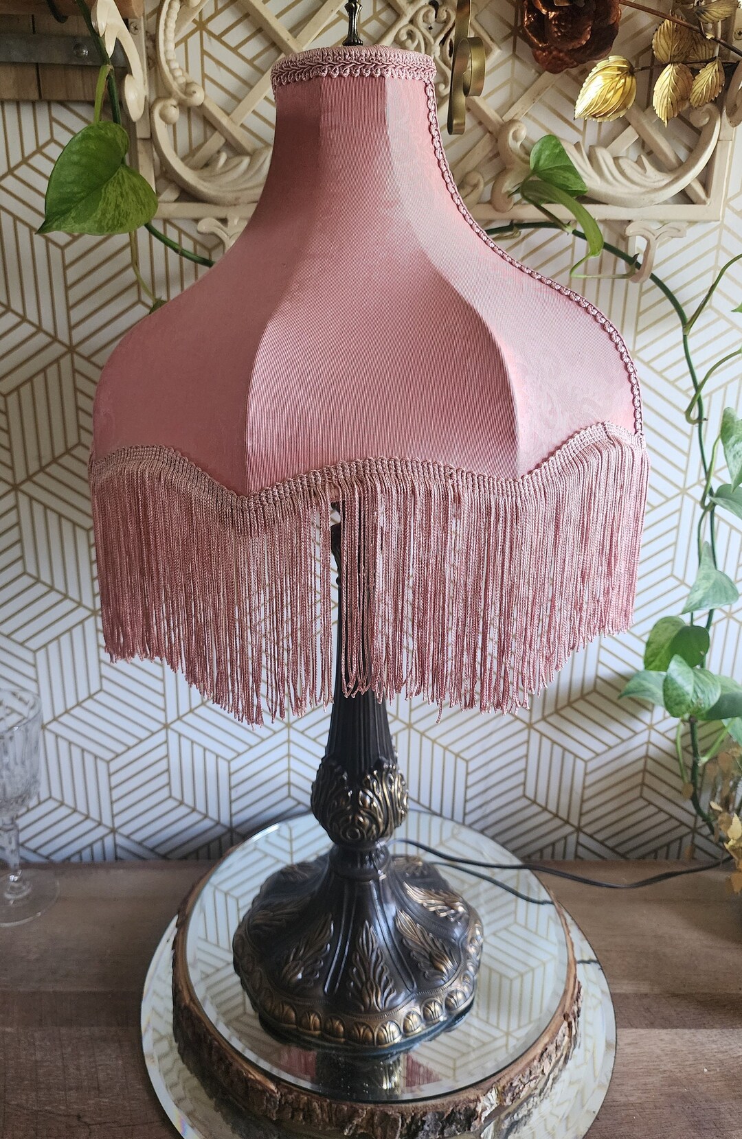 Large Vintage Victorian Style Brass Table Lamp With Dusky Pink Fringe ...