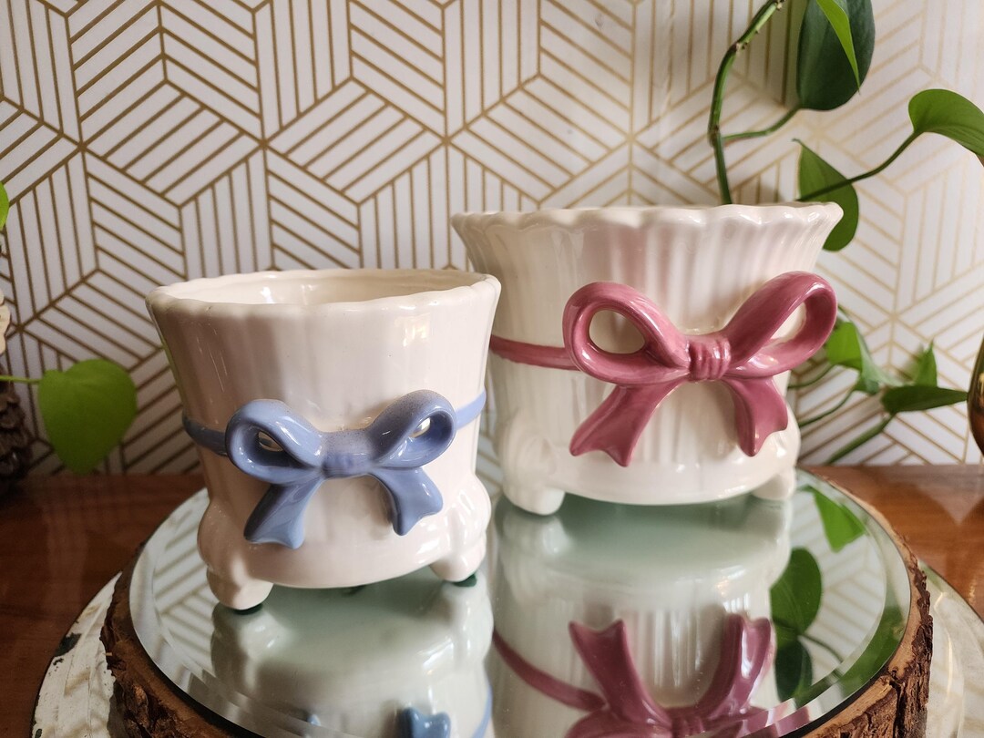 Vintage White Ceramic Planter With Pink and Blue Bows - Etsy