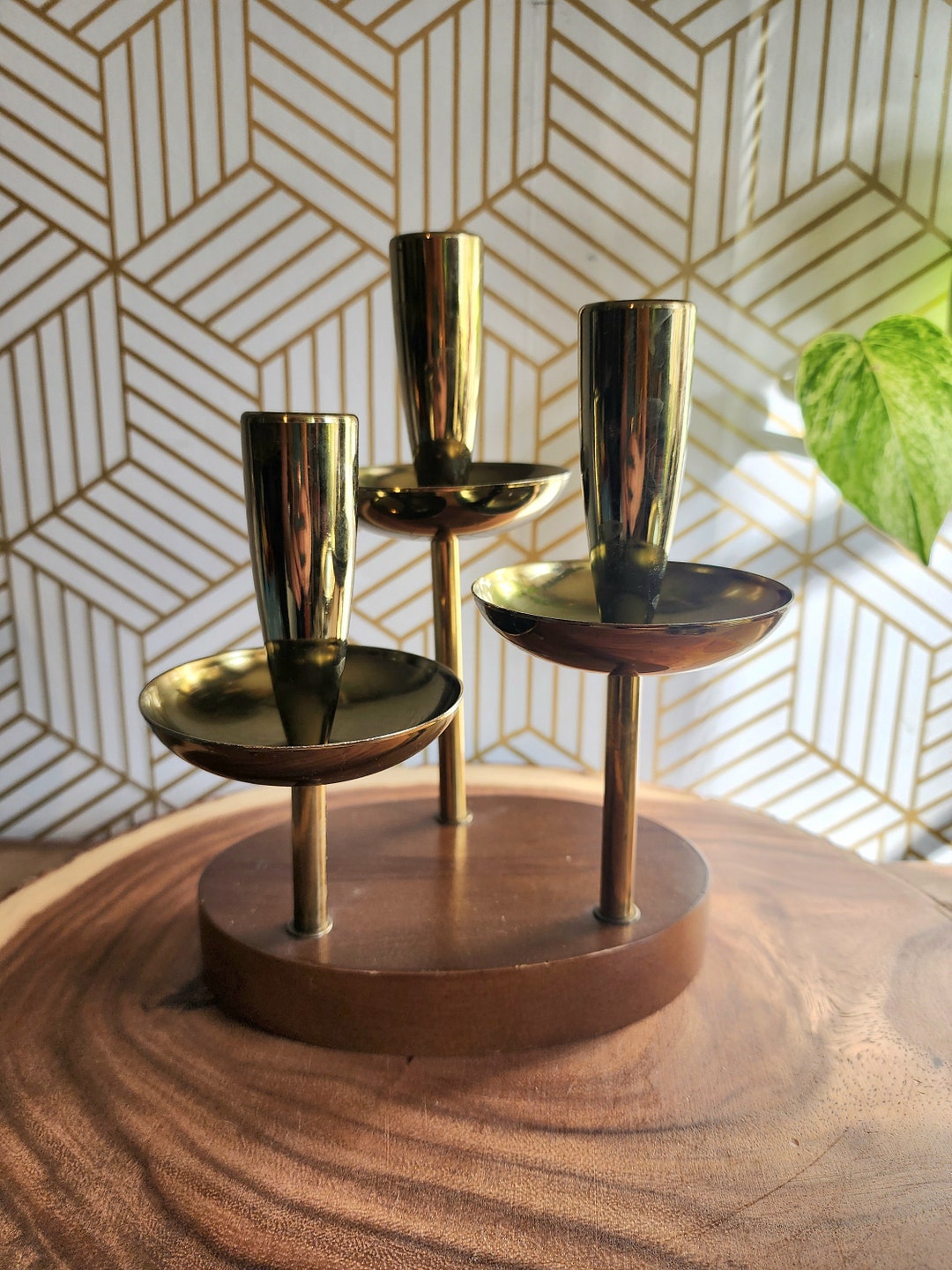 Vintage Midcentury Brass and Wood Milbern Creations 3 Tier Tapered ...