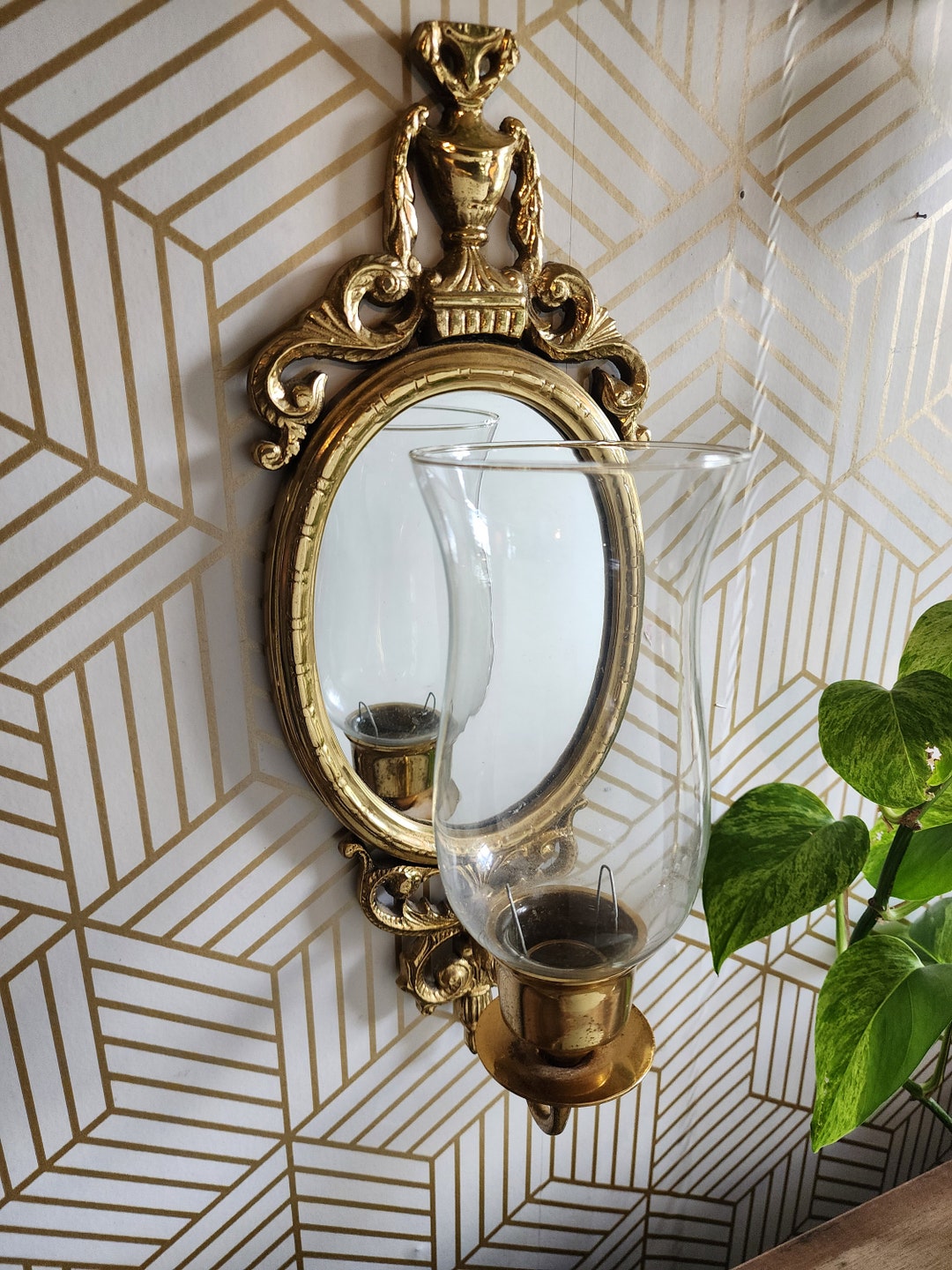 Vintage Ornate Lacquered Brass, Mirrored Hurricane Wall Sconce ...