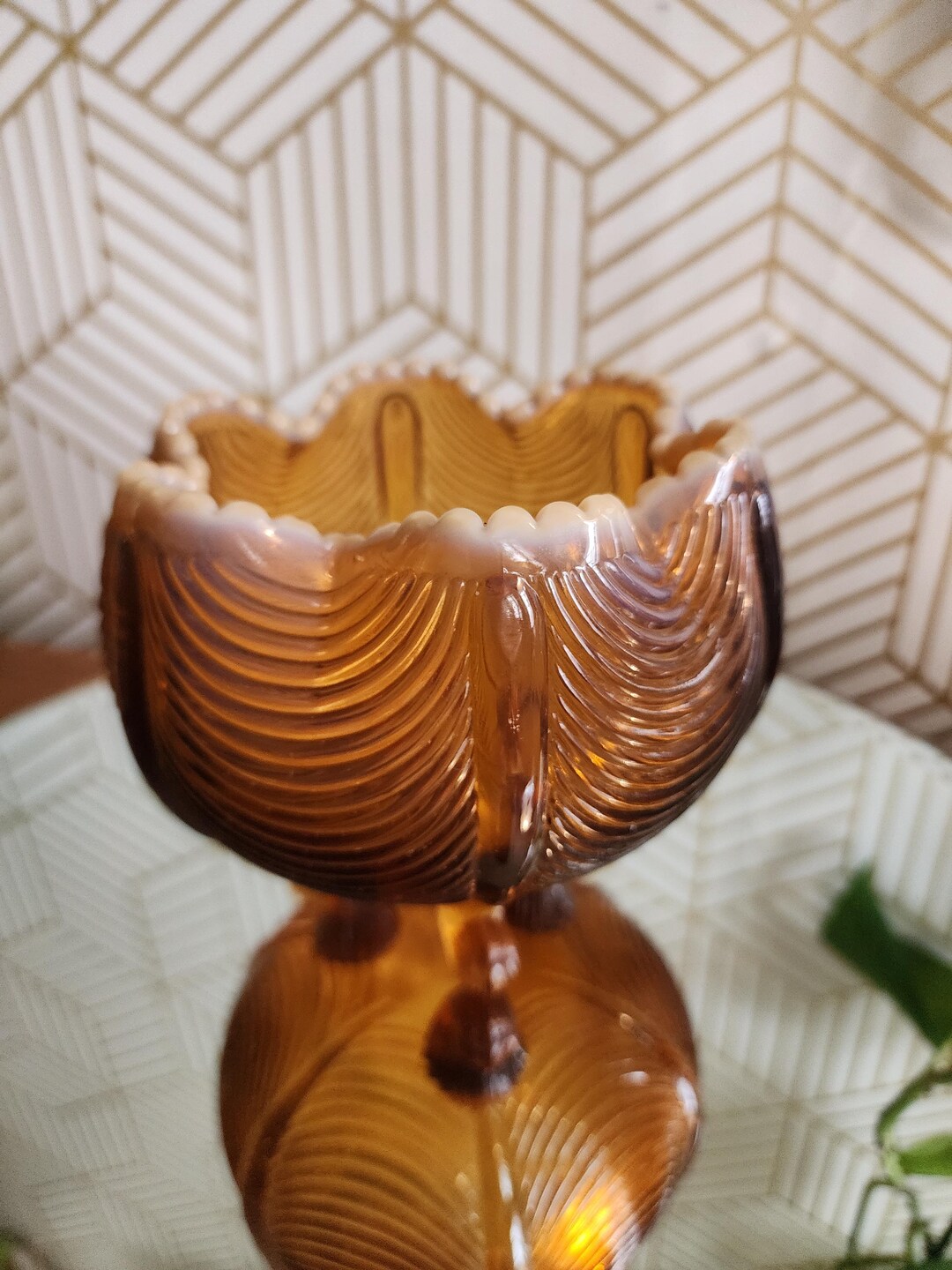 Vintage Fenton Art Glass Cameo Opalescent Amber Brown Drapery Rose Bowl ...