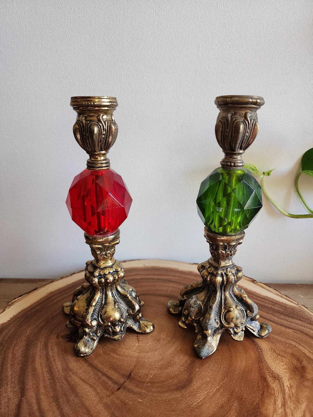 Hollywood Regency Candlesticks Red and Green Lucite and Brass Mid ...