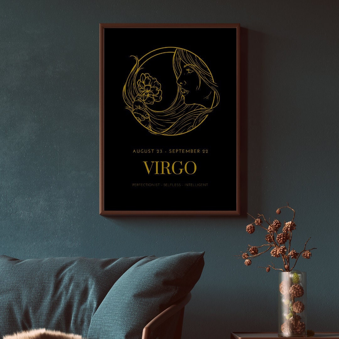 Virgo Zodiac Sign Printable Wall Art Black and Gold Minimal - Etsy