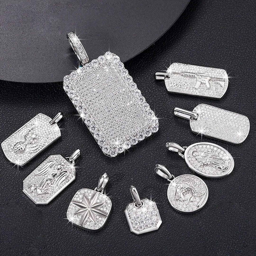 Iced Out Bling Dog Tag Pendant Necklace Moissanite Diamond 925 Sterling ...