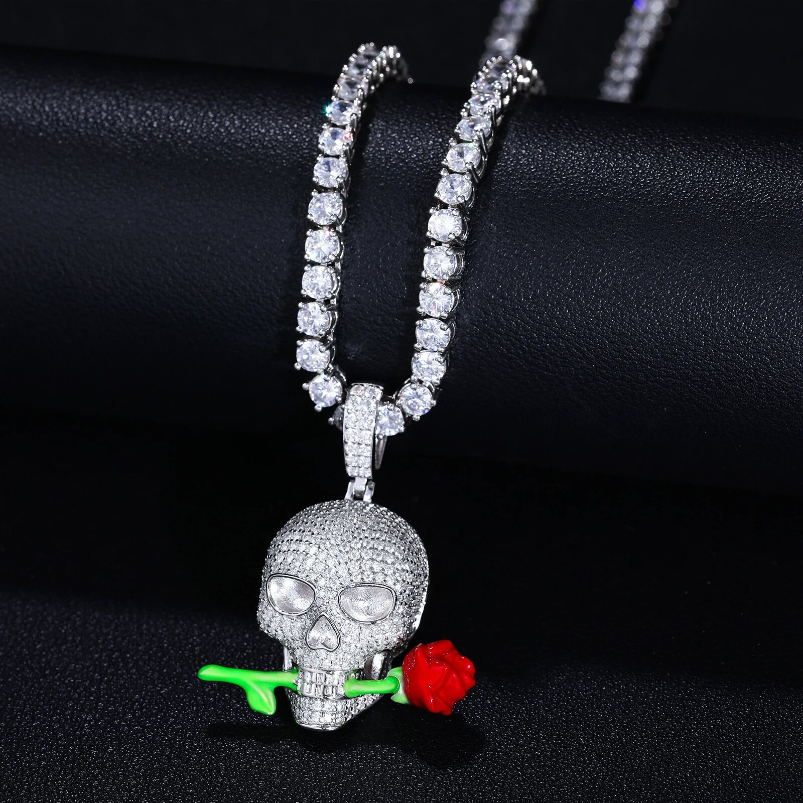 Iced Out Glowing Skull Rose Punk Pendant Necklace Moissanite Diamond ...