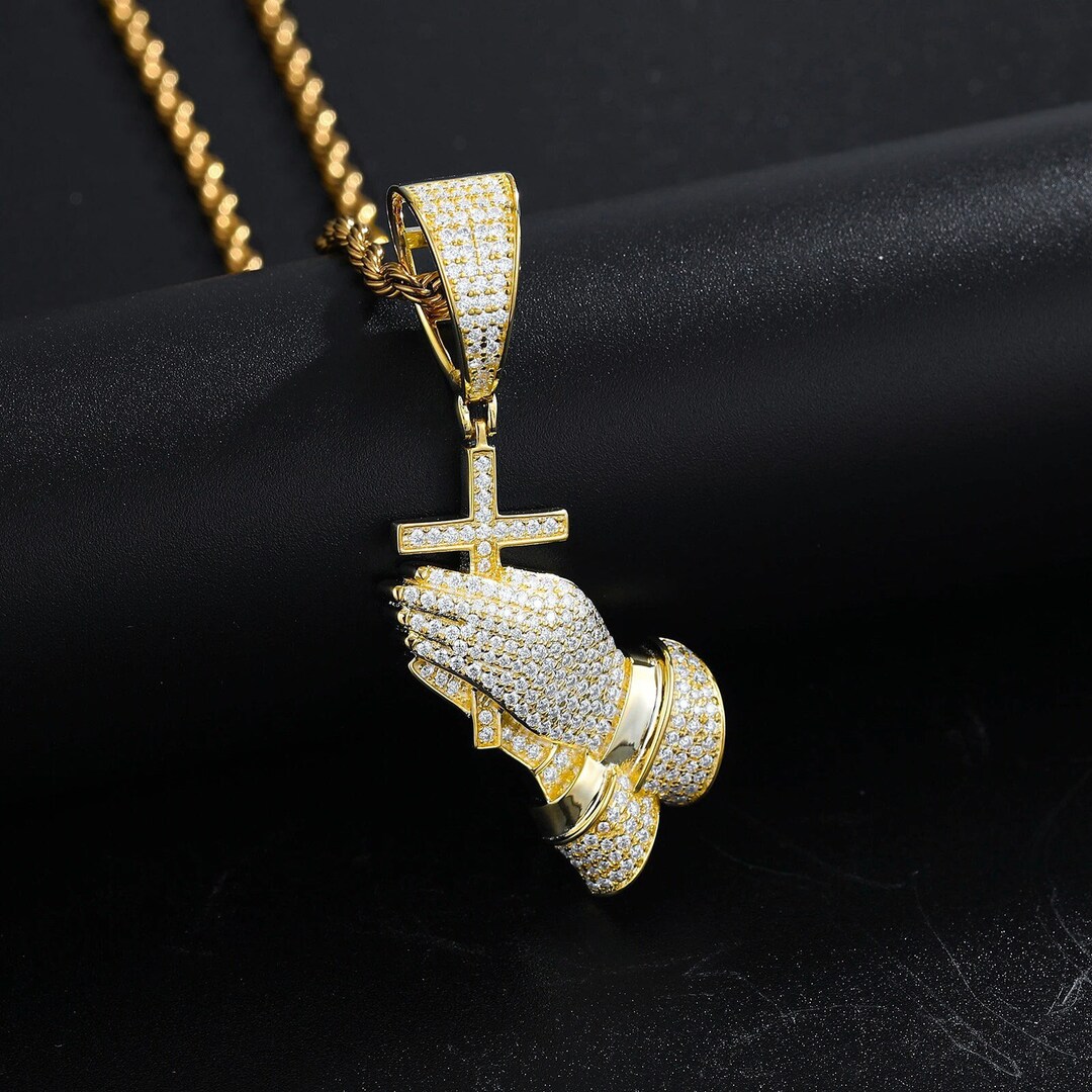 Iced Out Cross Praying Hands Pendant Necklace Moissanite Diamond Gold ...