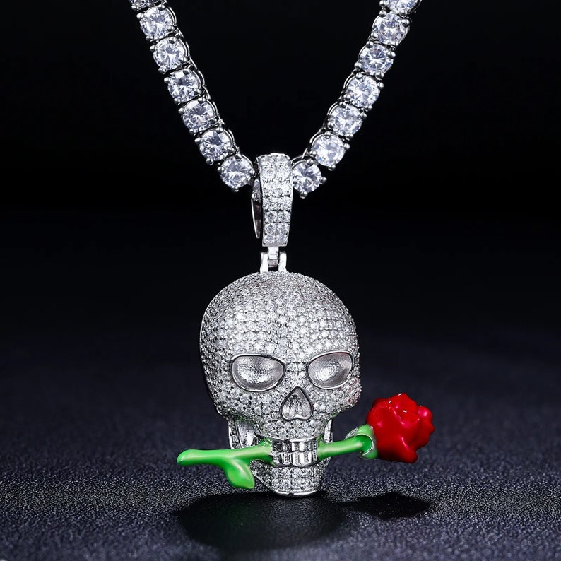 Iced Out Glowing Skull Rose Punk Pendant Necklace Moissanite Diamond ...