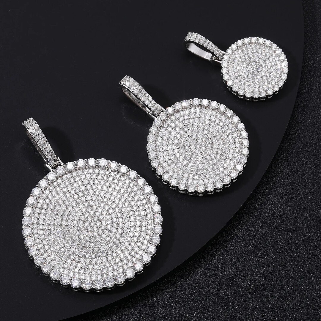Iced Out Bling Round Dog Tag Pendant Necklace Moissanite Diamond 925 ...