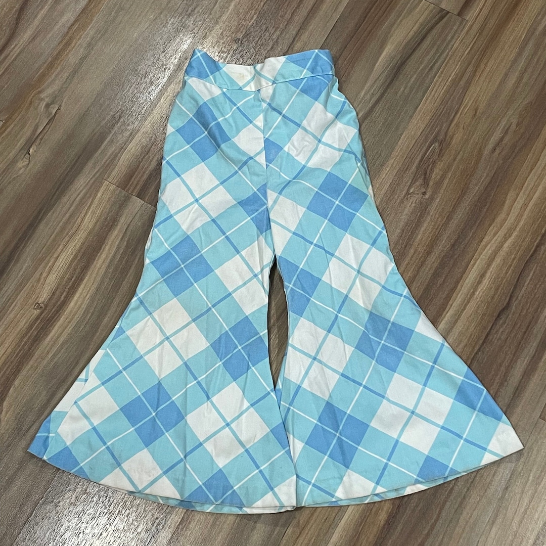Vintage 70s Kids Bell Bottom Checkered Cotton Pants Blue White Size 4 ...
