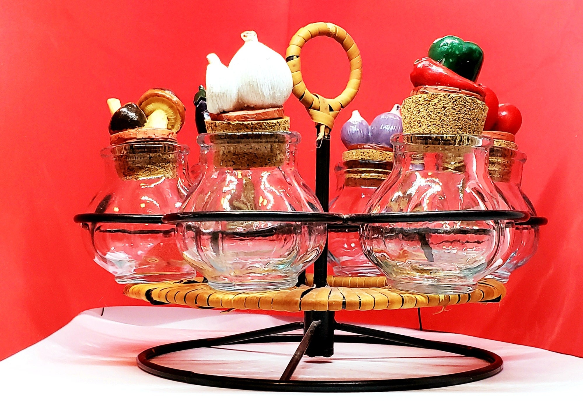 Vintage Carousel Spice Holder With 6 Shonfelds Glass Spice Jars Iron ...
