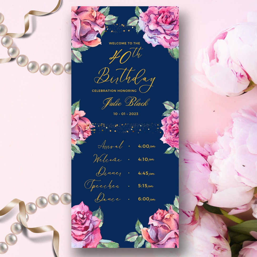Navy, Gold and Floral Roses Event Program, Gorgeous Navy and Pink Event ...