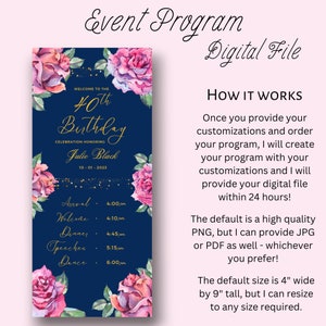 Navy, Gold and Floral Roses Event Program, Gorgeous Navy and Pink Event ...