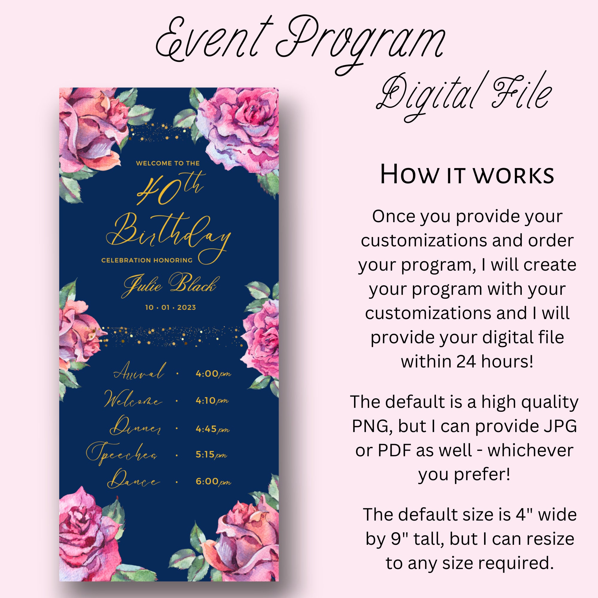 Navy, Gold and Floral Roses Event Program, Gorgeous Navy and Pink Event ...