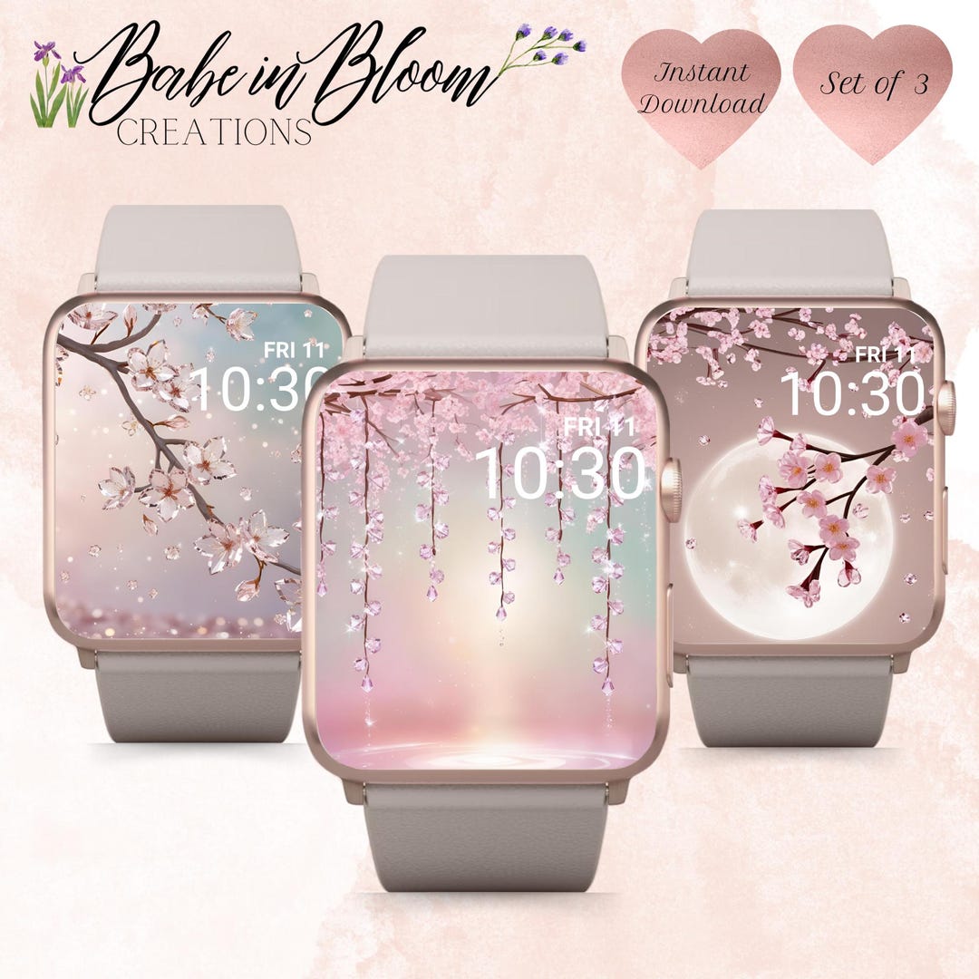 Set of 3 Crystal Cherry Blossom Apple Watch Wallpaper, Cherry Blossom ...
