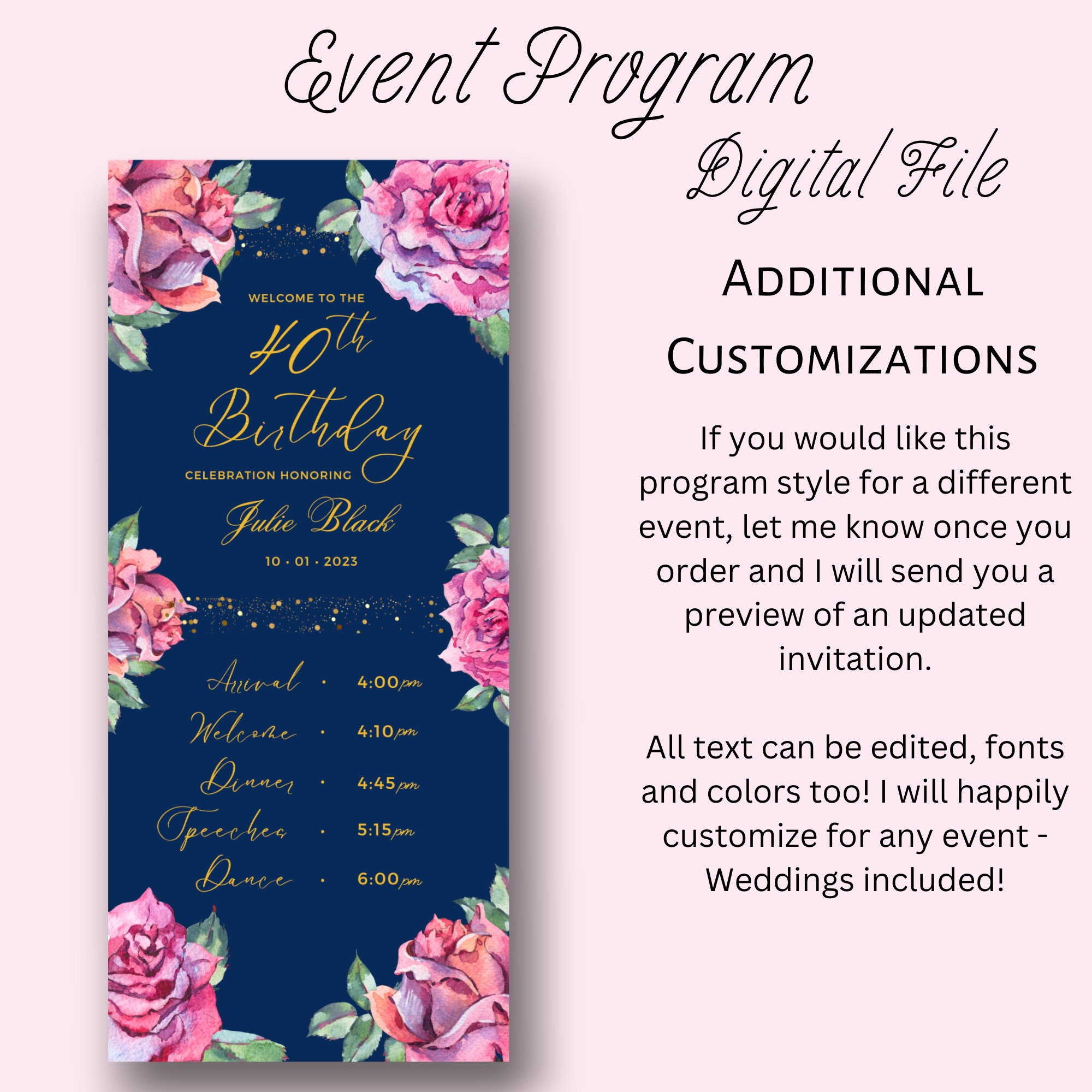Navy, Gold and Floral Roses Event Program, Gorgeous Navy and Pink Event ...