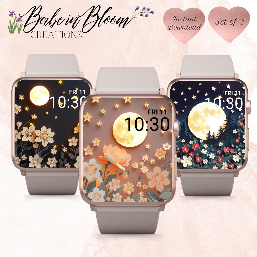 Set of 3 3D Moon and Flowers Apple Watch Wallpaper, 3D Floral Moon ...