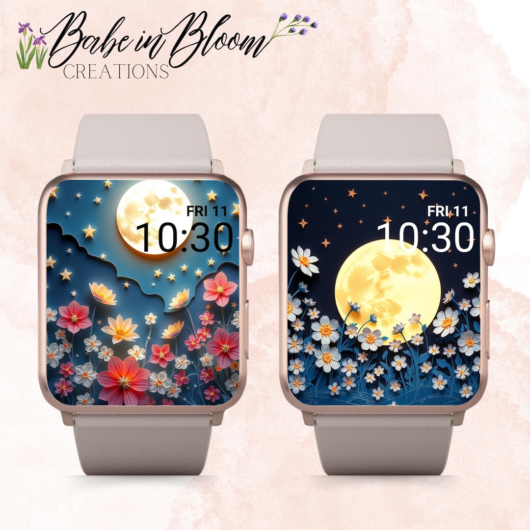 Set of 2 3D Moon and Flowers Apple Watch Wallpaper, 3D Floral Moon ...