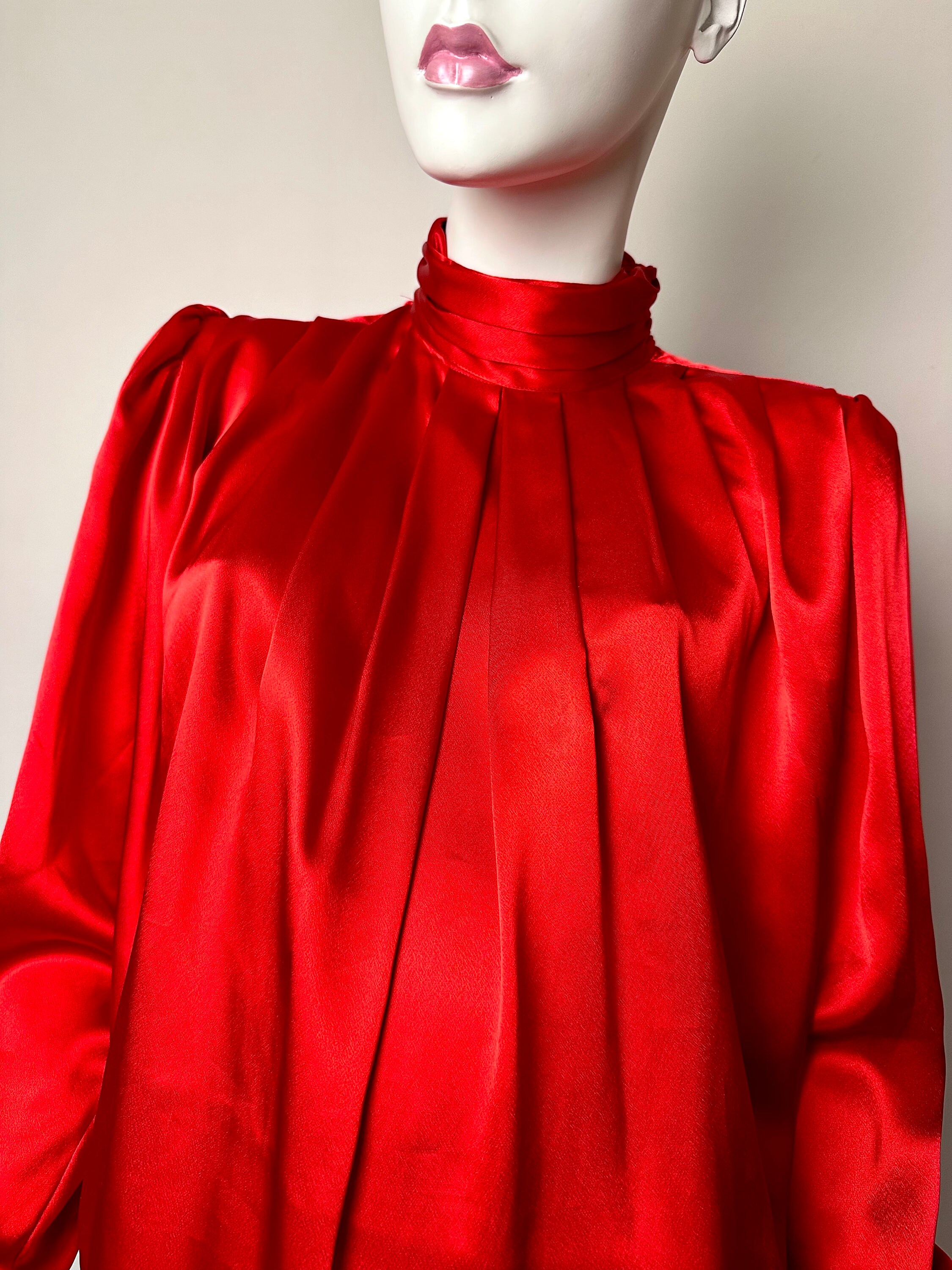 Vintage 80s 90s Tess Paris Milano Red High Neck Pleated Blouse - Etsy
