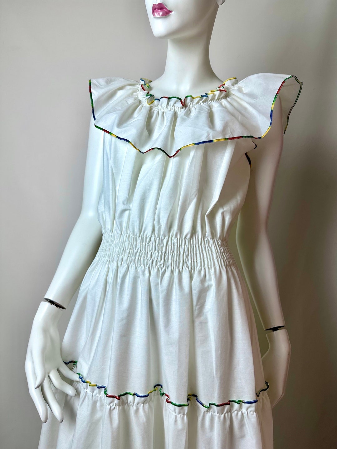 Vintage 70s Miss Dira New York Dress White Cotton Tiered Ruffle Rainbow ...