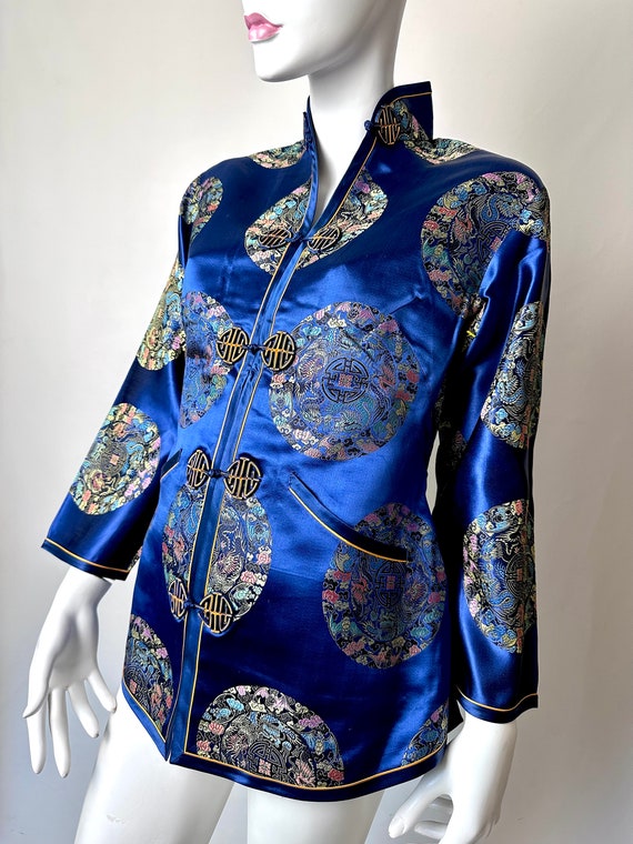 Vintage Chinese Jacket Blue Satin Brocade Dragons Bat… - Gem