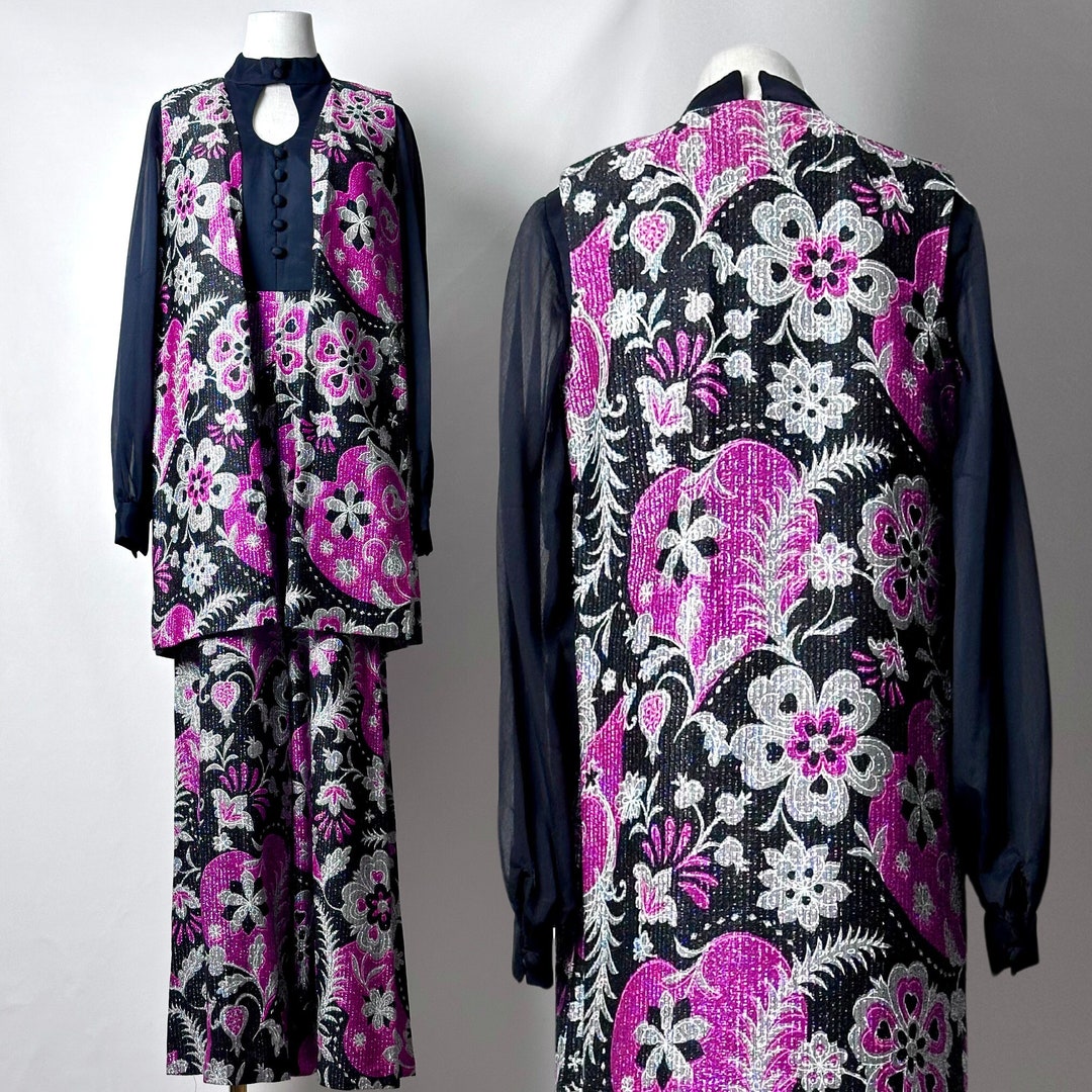 Vintage 60s Metallic Fuchsia Pink Silver Black Floral Brocade Sheer ...