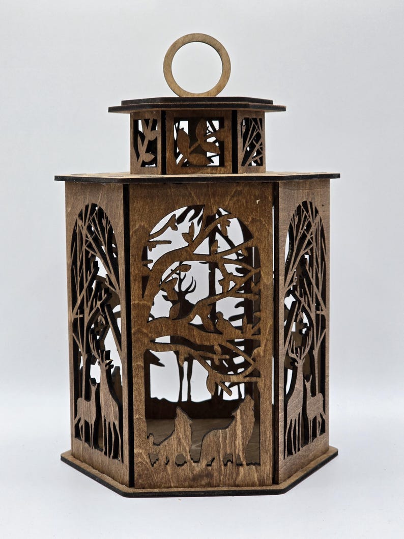 Decorative Wooden Lantern With Wildlife Design, Laser Cut Pattern ...