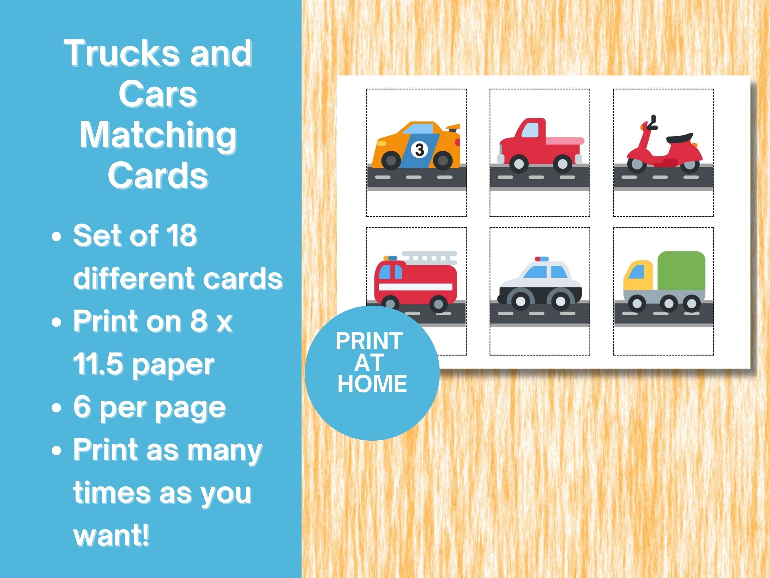Trucks and Cars Matching Game Printable Matching and Pairing Cards - Etsy