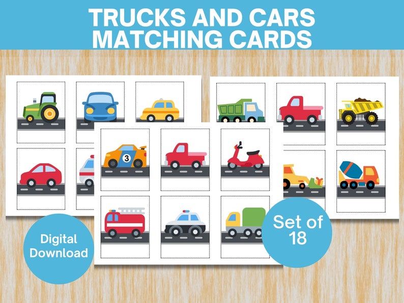 Trucks and Cars Matching Game; Printable Matching and Pairing Cards - Etsy