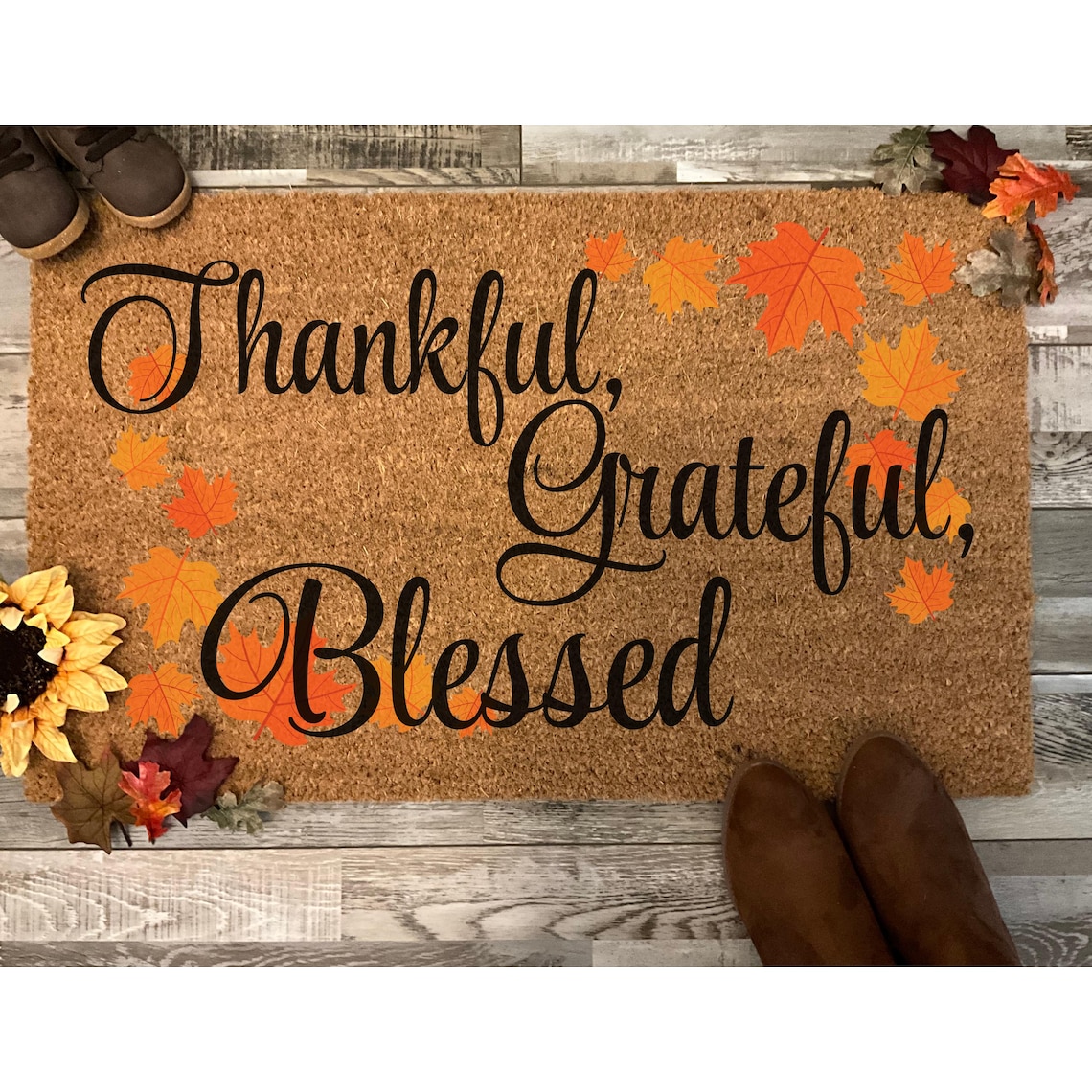 Thankful, Grateful, Blessed Fall Doormat With Colorful Leaves, Handmade ...