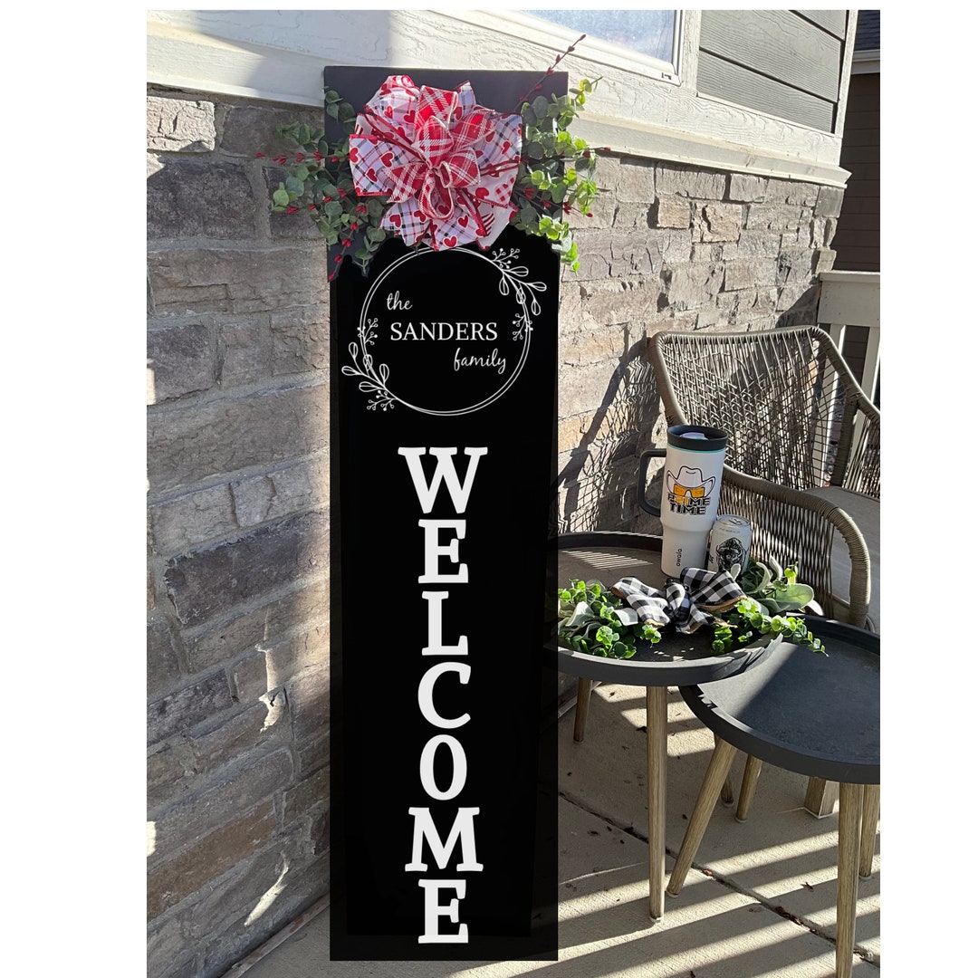 Personalized Welcome Porch Leaner Sign With Basic Bow and Greenery ...