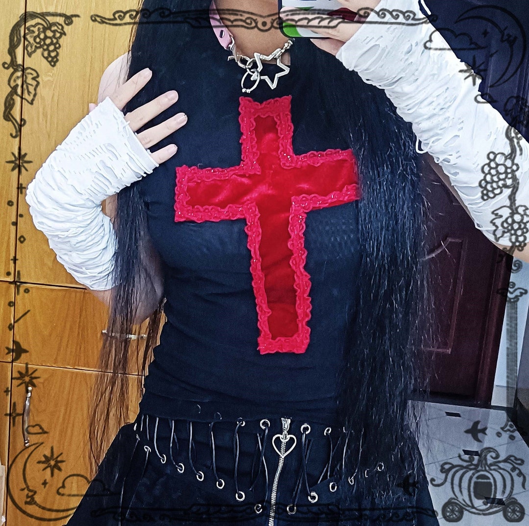 Gothic Red Cross Embellished Top, Punk Sleeveless Skinny Tank Top, Sexy ...