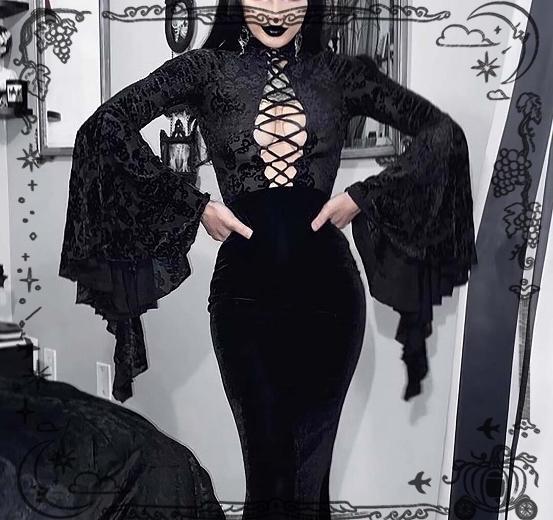 Sexy Jacquard Lace Hollow Top, Goth Flare Sleeved Lace Top, Gothic ...