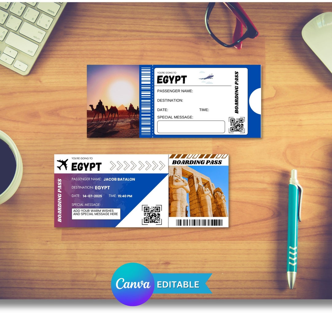 Egypt Trip Surprise Gift Ticket Canva Boarding Pass Printable Template Airline Ticket Holiday ...