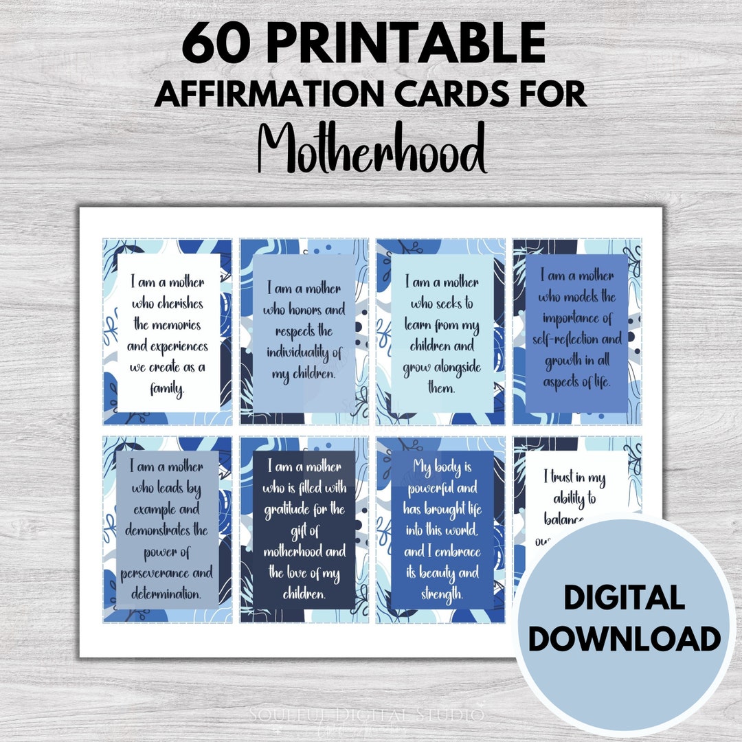 60 Motherhood Printable Affirmation Cards, Vision Board Accessory, Blue ...