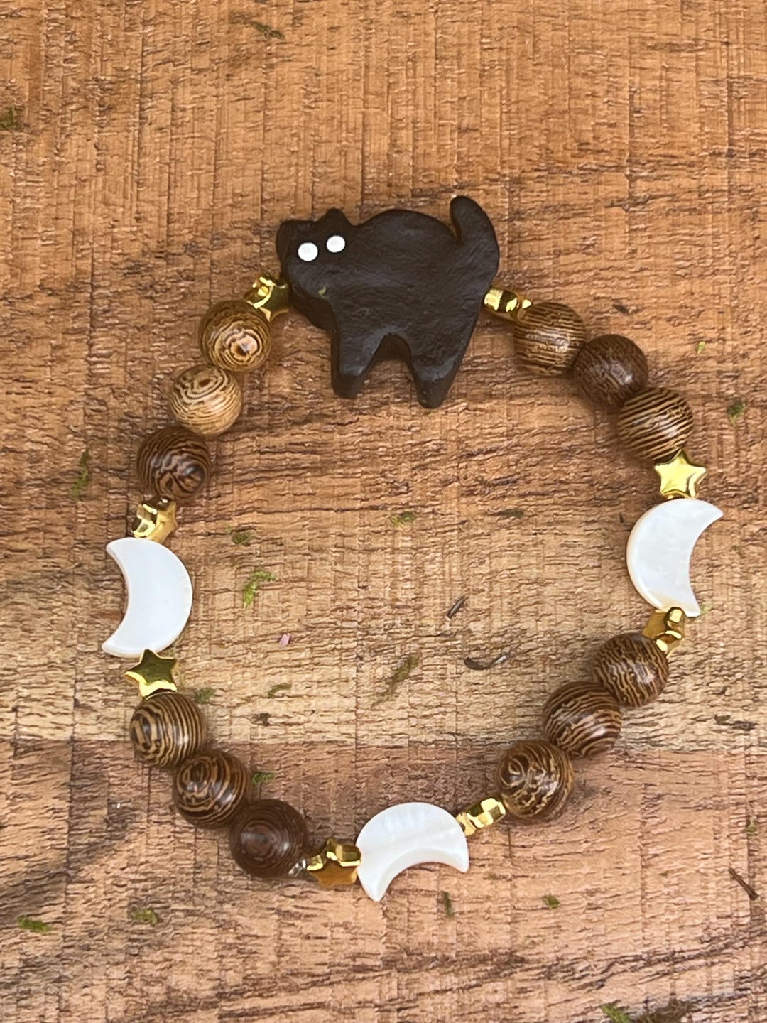 Handmade Black Cat Bracelet – Wooden Beads, Shell Moon, Halloween ...
