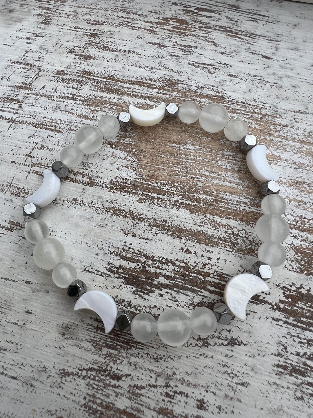 Selenite Moon Bracelet – Hematite, Shell Charms – Calming Spiritual ...