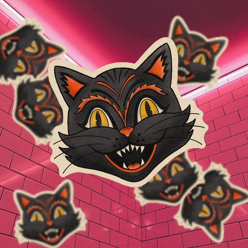 Vintage Halloween Black Cat Sticker - Water Resistant Vinyl - Etsy