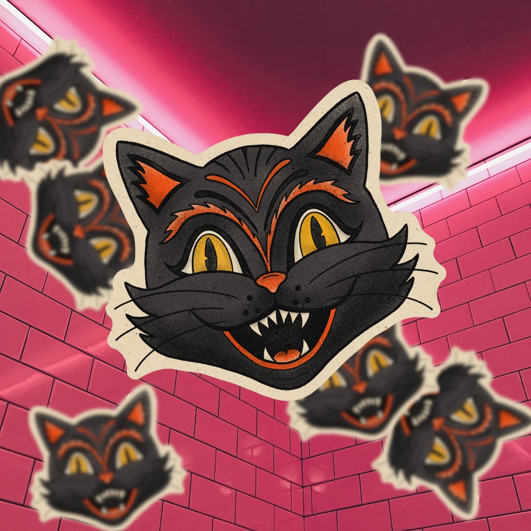 Vintage Halloween Cat Sticker, Water Resistant Decal for Laptops, Water ...