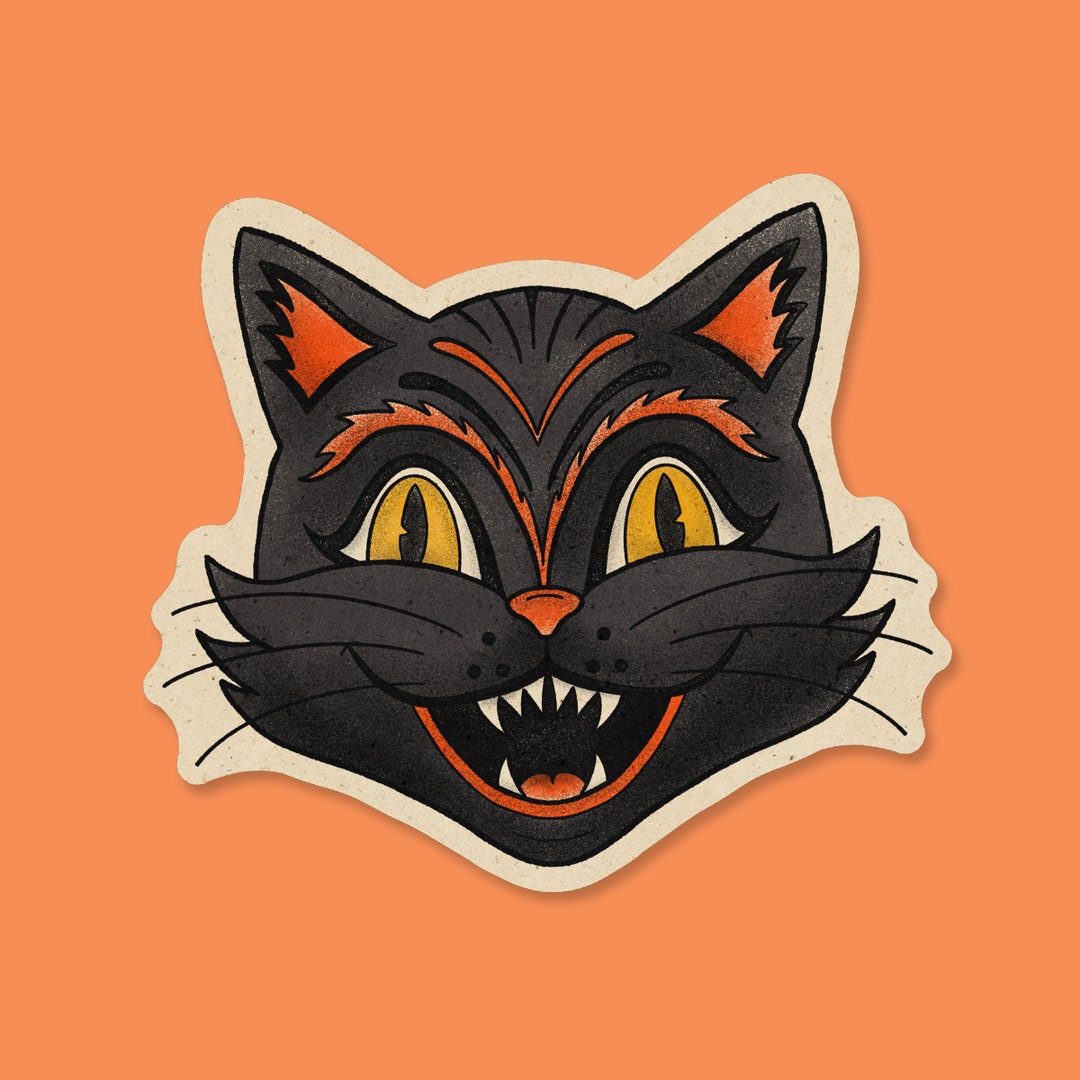 Vintage Halloween Cat Sticker, Water Resistant Decal for Laptops, Water ...