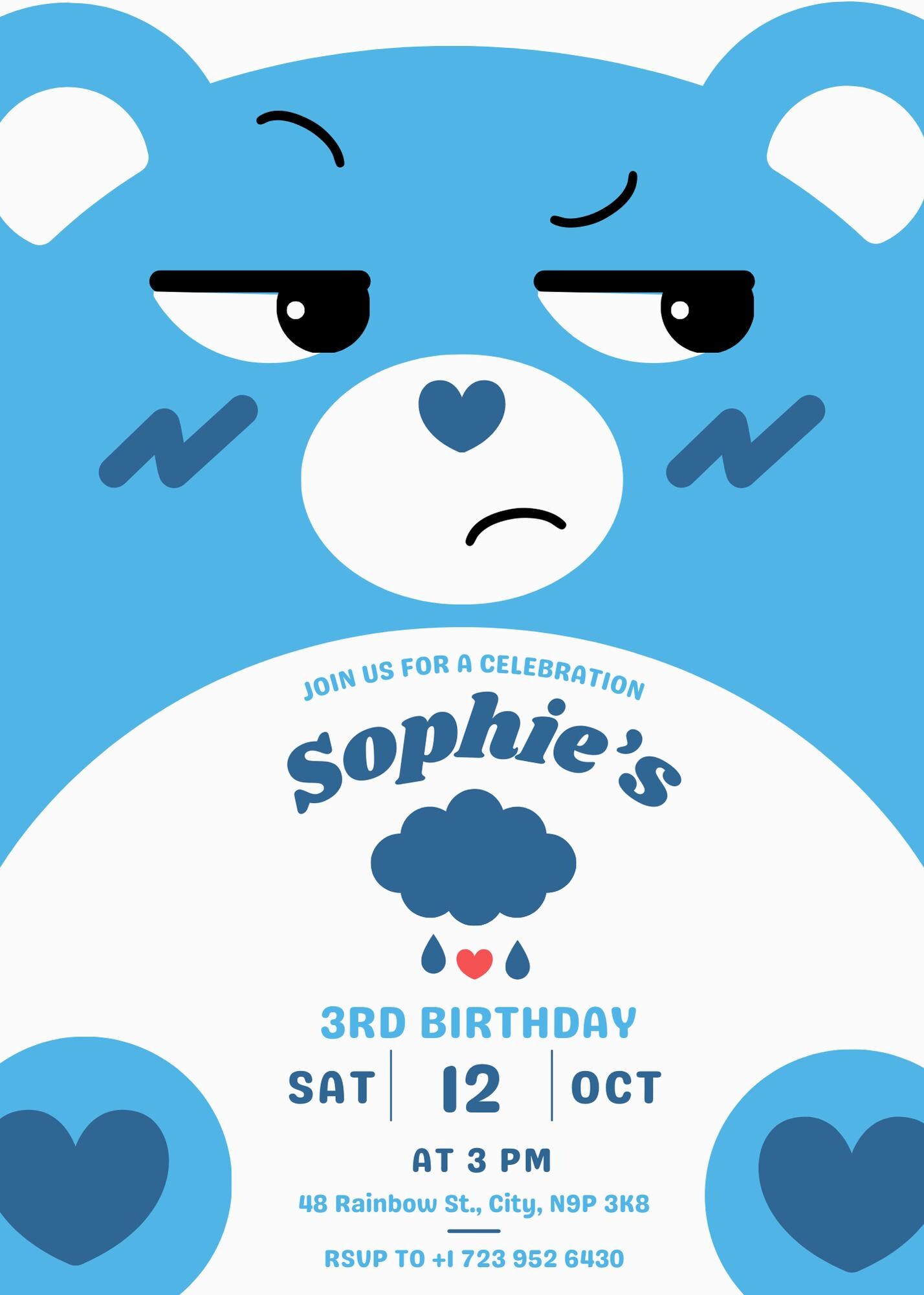 Editable Blue Grumpy Bear-themed Birthday Party Invitation Template - Etsy