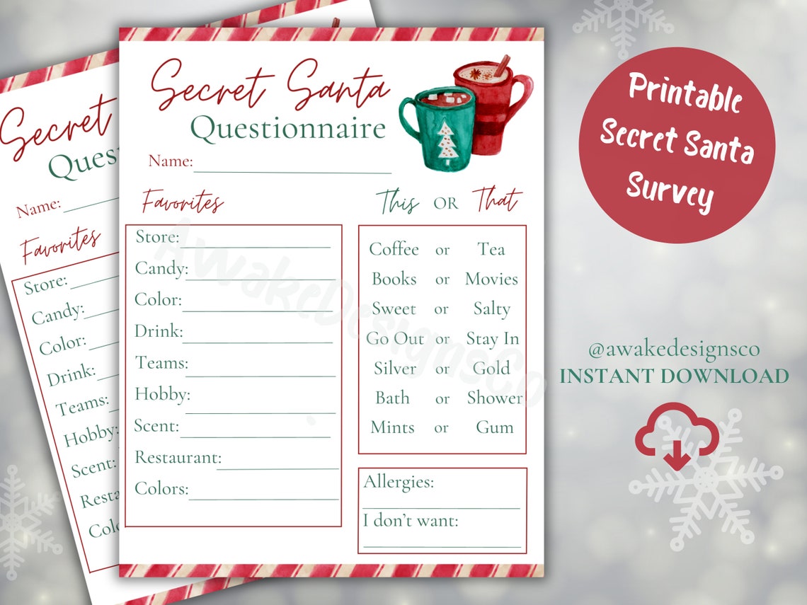 Secret Santa Questionnaire Digital Download for Gift Exchange - Etsy