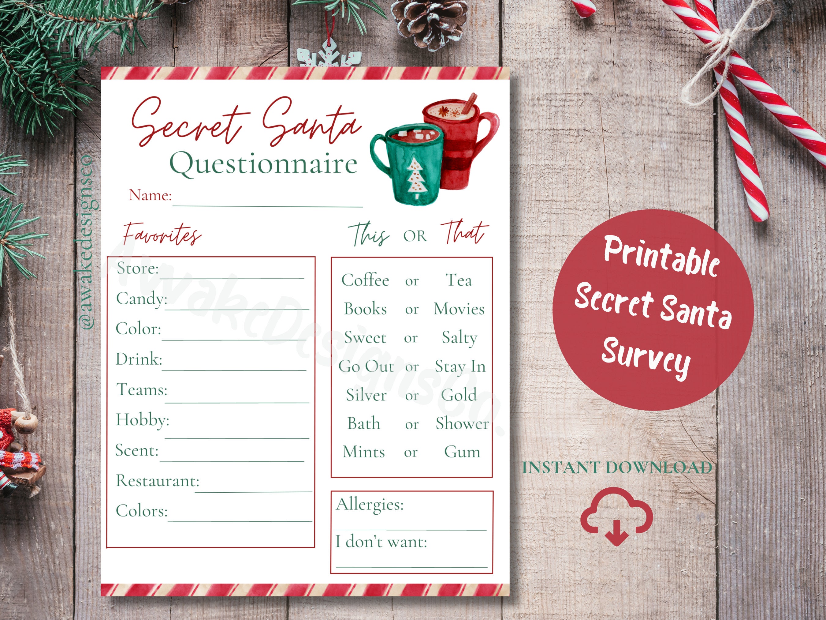 Secret Santa Questionnaire Digital Download for Gift Exchange - Etsy