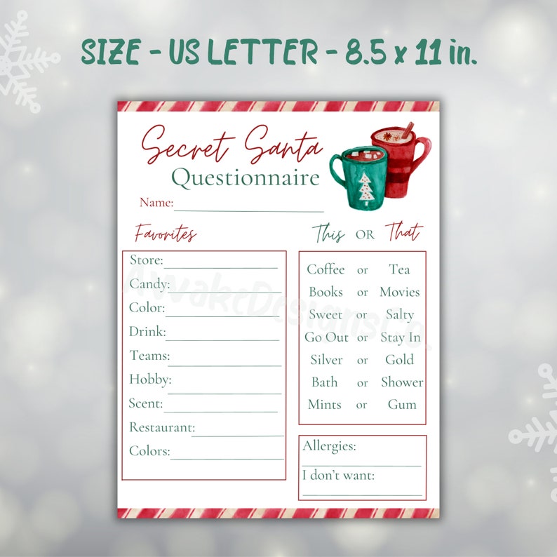 Secret Santa Questionnaire Digital Download for Gift Exchange ...