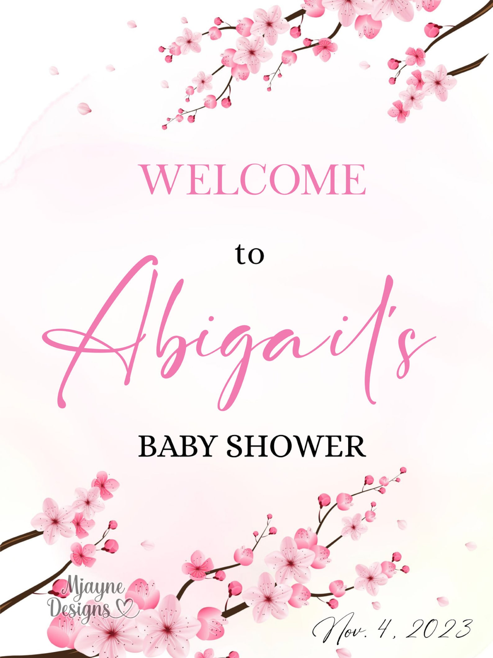 Editable Cherry Blossom Baby Shower Sign, Pink Floral Baby Shower Poster, Pink White Cherry ...